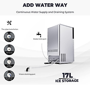 COSTWAY Commercial Ice Maker Machine, 180LBS/24H Stainless Steel Under Counter Freestanding Ice Machine for Restaurant with Self-Cleaning Function, 63 Ice Cube Ready in 13-18 mins, 35 LBS Storage Bin