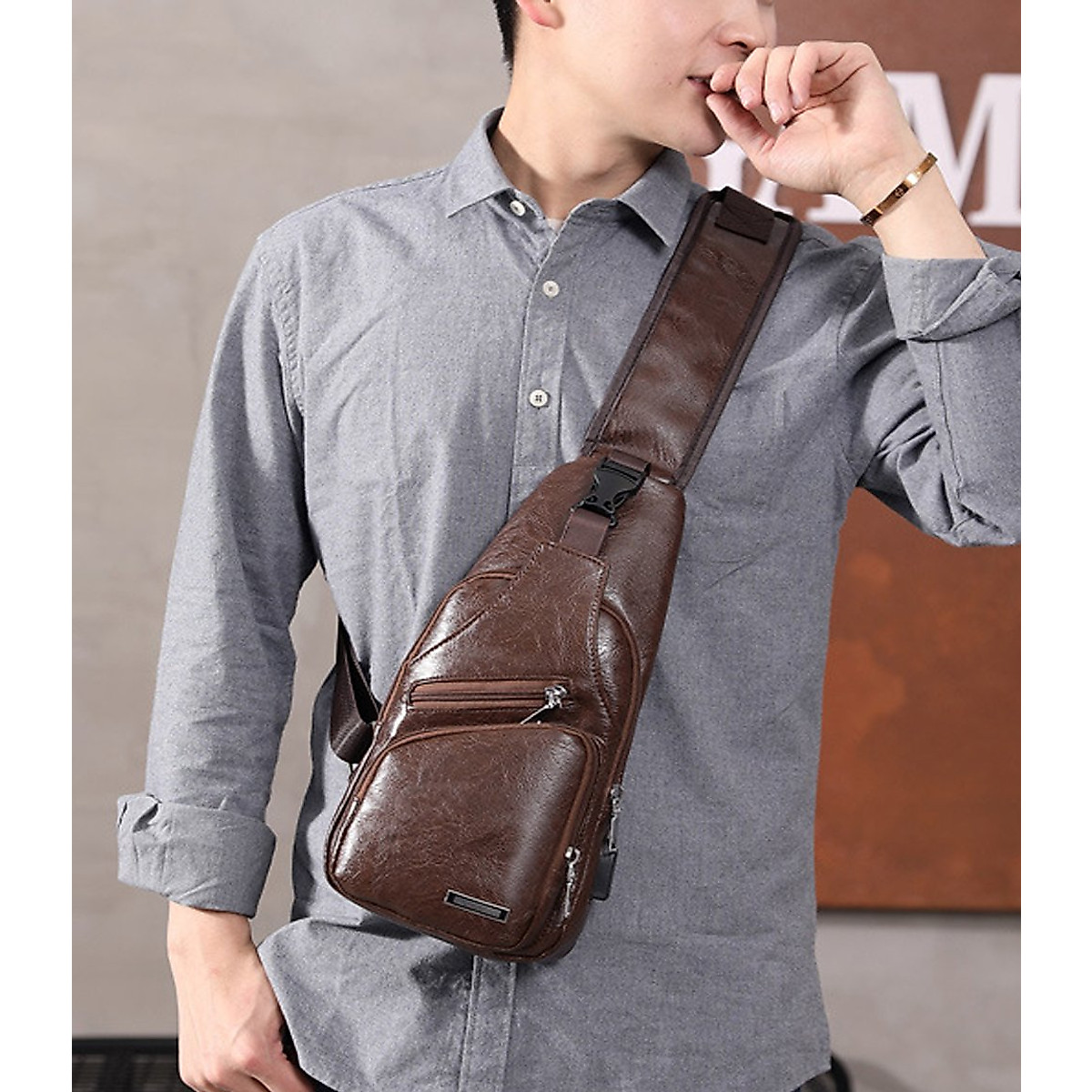 Rullar PU Sling Bags Chest Shoulder Crossbody Messenger Travel Hiking Multipurpose Daypack Purse Backpack for Mens Dark Brown