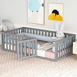 Bellemave Twin Size Floor Bed with Fence and Door, Kids Montessori Floor Bed Without Slats, Cute Montessori Bed for Kids, Girls, Boys, Wodd Floor Bed(Gray Twin)