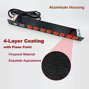 E-link Industrial Surge Protector Power Strip Rack Mount Metered PDU Power Distribution Unit 110-250V 16A, 8 NEMA 5-20R Outlet 19'' 1U Switched PDU with Monitoring OLED Screen Orange