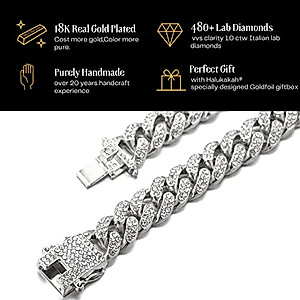 Halukakah Gold Chain Iced Out for Men,Men's 14MM Miami Cuban Link Chain Choker Necklace 20In(50cm) Platinum White Gold Finish,Full Cz Diamond Cut Prong Set,Gift for Him