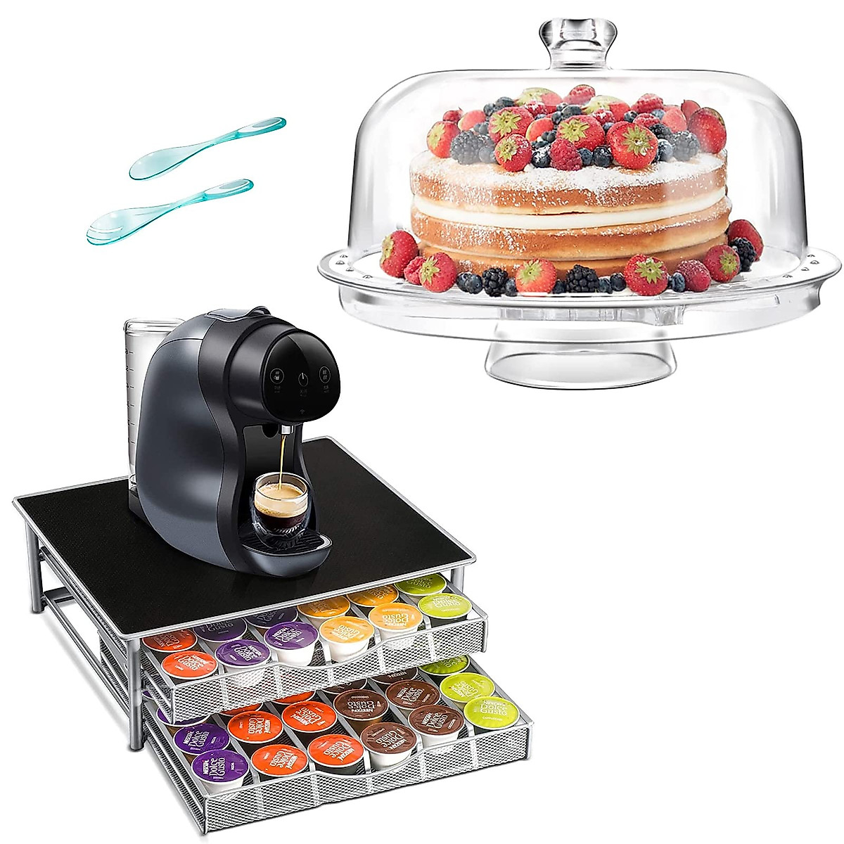 Masthome Cake Stand & 2-Tier Coffee Pod Storage Drawer, 6 in 1 Multi-Functional Serving Platter Display Stand and Coffee Pod Holder for Dolce Gusto, Gift for Birthday Christmas Wedding