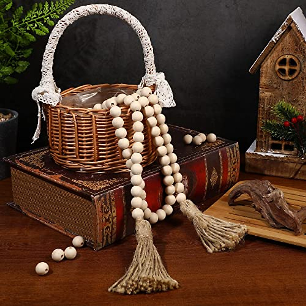 Wooden Beads Garland Farmhouse Decor: 58in Boho Rustic Wood Prayer Beaded with Tassel Natural Modern Large Decorative Home Neutral Bead