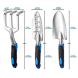 Sinoer Garden Tool Set, 3Piece Heavy Duty Cast-Aluminum Gardening Hand Tool Includes Hand Trowel, Transplant Trowel and Cultivator Hand Rake with Soft Rubberized Non-Slip Ergonomic Handle - Blue