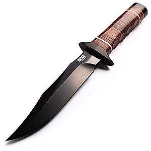 SOG Bowie 2.0 Fixed Blade Knife-Tactical Knife with 6.4 Inch Blade, Hunting Knife with Hard Case TiNi Coating and AUS-8 Steel, Leather Knife Sheath (S1T-L),Brown