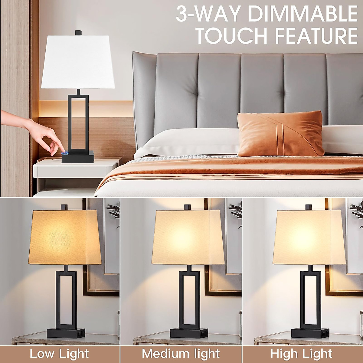 23.5" Touch Control Table Lamps Set of 2, Bedside Lamp with 2 USB Ports & AC Outlet, 3-Way Dimmable Nightstand Lamp with White Linen Shade for Living Room Bedroom End Table Office(2 LED Bulb Included)