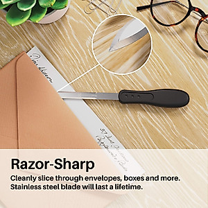 Uncommon Desks Office Letter Opener - Stainless Steel Knife-Edge Blade, Ergonomic Grip Handle (Black, 1 Pieces)