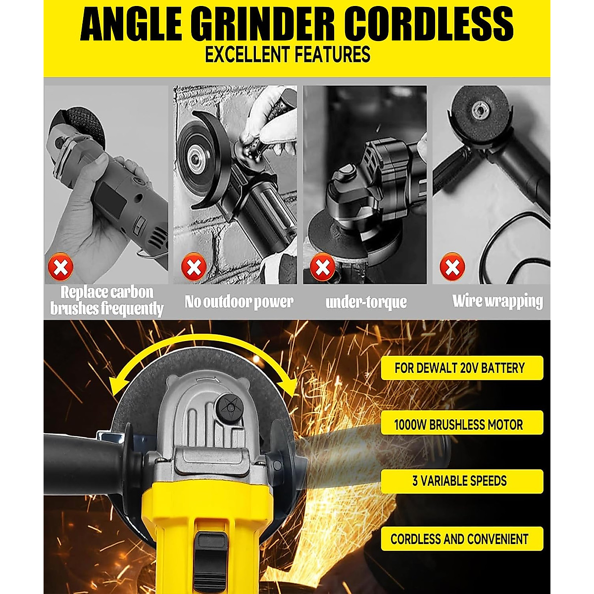 Cordless Angle Grinder for Dewalt 20v Batteries,11000RPM Brushless Electric Grinder,3 Variable Speed Metal Grinder for 4-1/2"Wheels with Adjustable Handle Grinding,Cutting And Polishing (Not Battery)