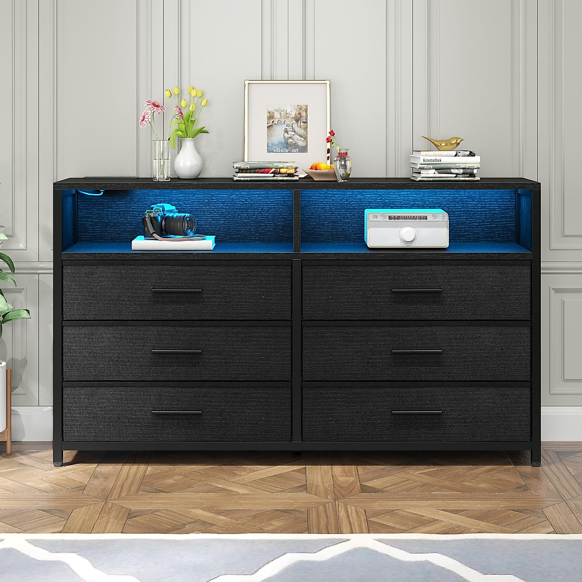 Loomie 6 Drawers Dresser with Power Outlets and LED Lights, Black Dresser with 2 Top Cubby, Tall Wide Fabric Double Chest of Drawers,Modern Dresser Tv Stand for up to 60" TV for Bedroom, Living Room