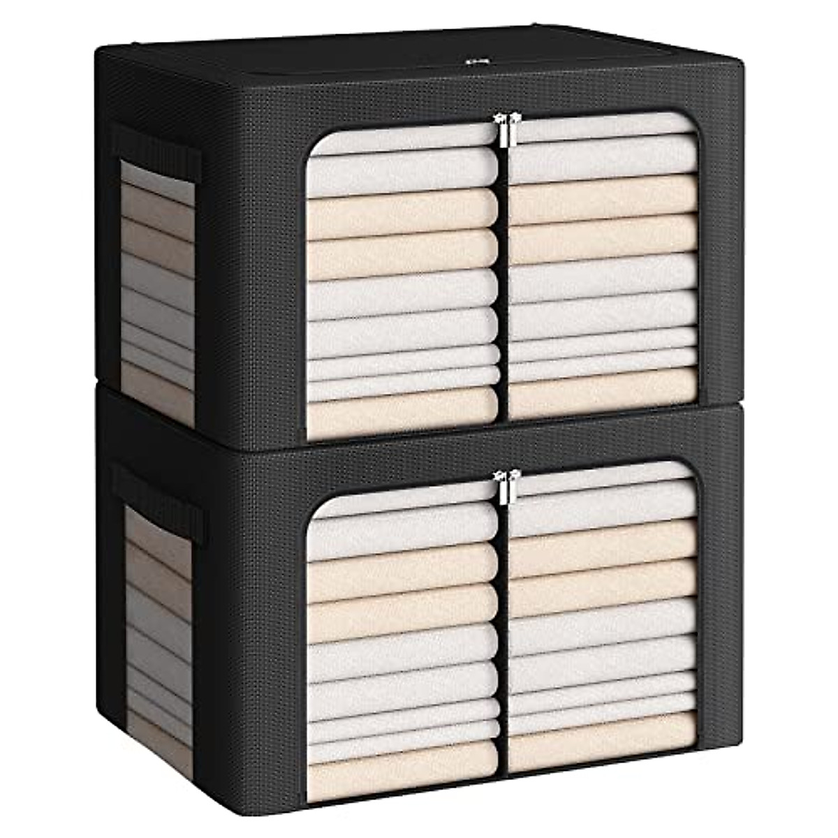 2Pack Storage Bins with Divided Interior - Frame Storage Box Oxford Fabric Clothes Storage Bags Large Capacity Stackable Foldable Container Organizer Set with Clear Window (Large-66L, Black)