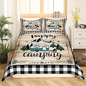 Camp Travel Car Duvet Cover Balck and White Buffalo Plaid Queen Bedding Sets for Girls, Camping Decor for Camper Comforter Cover, Vintage Brown Barn Door Plank Cottage Cabin Farmhouse Decor