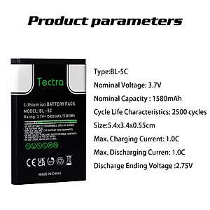 Tectra 2-Pack 1580mAh BL-5C Rechargeable Battery Suitable for Nokia Household Portable Radio with Overcharge Protection