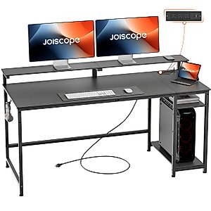 JOISCOPE Home Office Desk with Power Outlets (3AC, USB, Type-C), 60 × 20 Inch Computer Desk with Reversible Shelves, Laptop Table with Display Riser, Gaming Study Drafting Table for Bedroom, Black