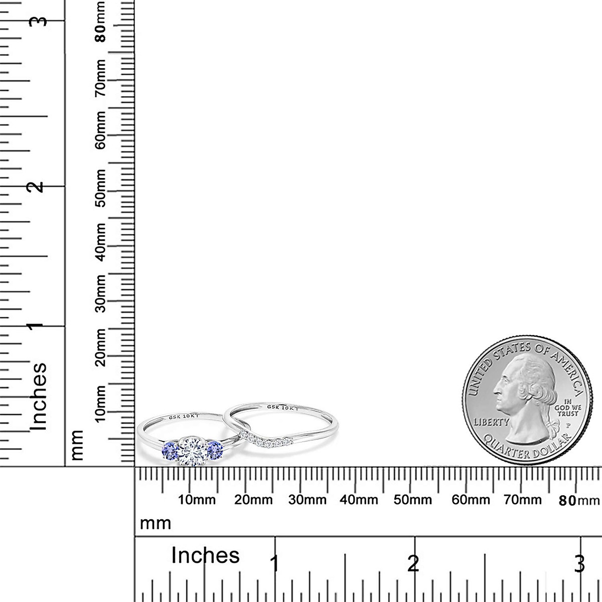 10K White Gold Forever Brilliant Moissanite From Charles & Colvard and Blue Tanzanite and White Lab Grown Diamond 3-Stone Bridal Engagement Wedding Ring Set For Women (0.81 Cttw, Round 5MM, Size 5)