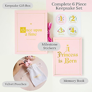 Rayne Baby Princess Baby Memory Book Kit. Baby Journal Scrapbook with Keepsake Box, Pouches and Boho Milestone Stickers. Girl Baby Album First Year to 5. Princess Baby Gift for Girl or Boy