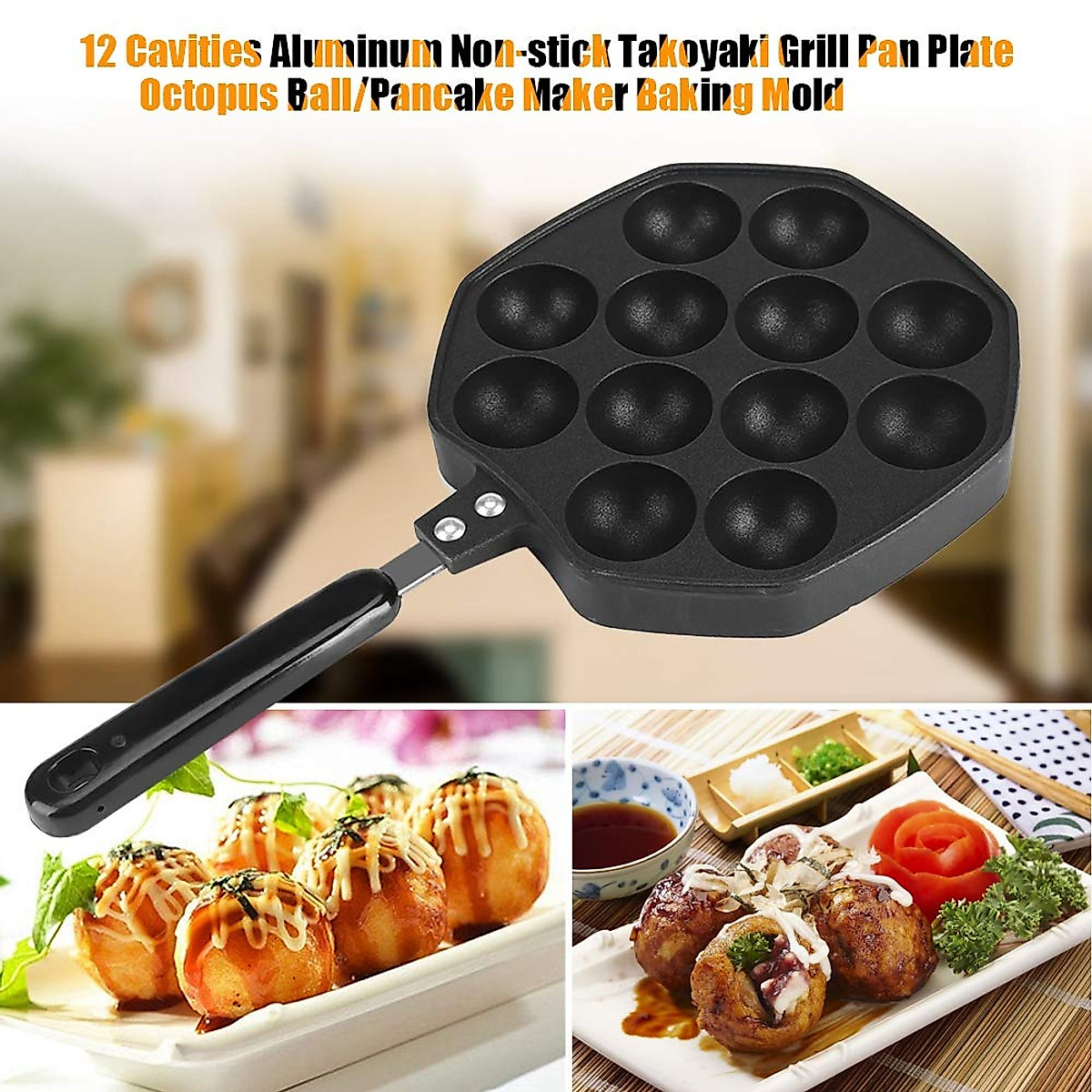 Aebleskiver Cast Iron NonStick Pan, 12 Cavities Aluminum Non-stick Takoyaki Grill Pan Plate Octopus/Pancake Maker Baking for Other Desserts Stuffed Pancake Pan