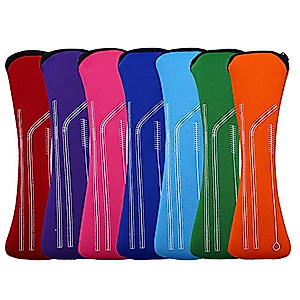 Connoworld Reusable Stainless Steel Straws Kit Tools, Includes 2 Straight Drinking Straws + 2 Bent Drinking Straws + 1 Cleaning Brush + 4 Detachable Silicone Tips Covers Purple