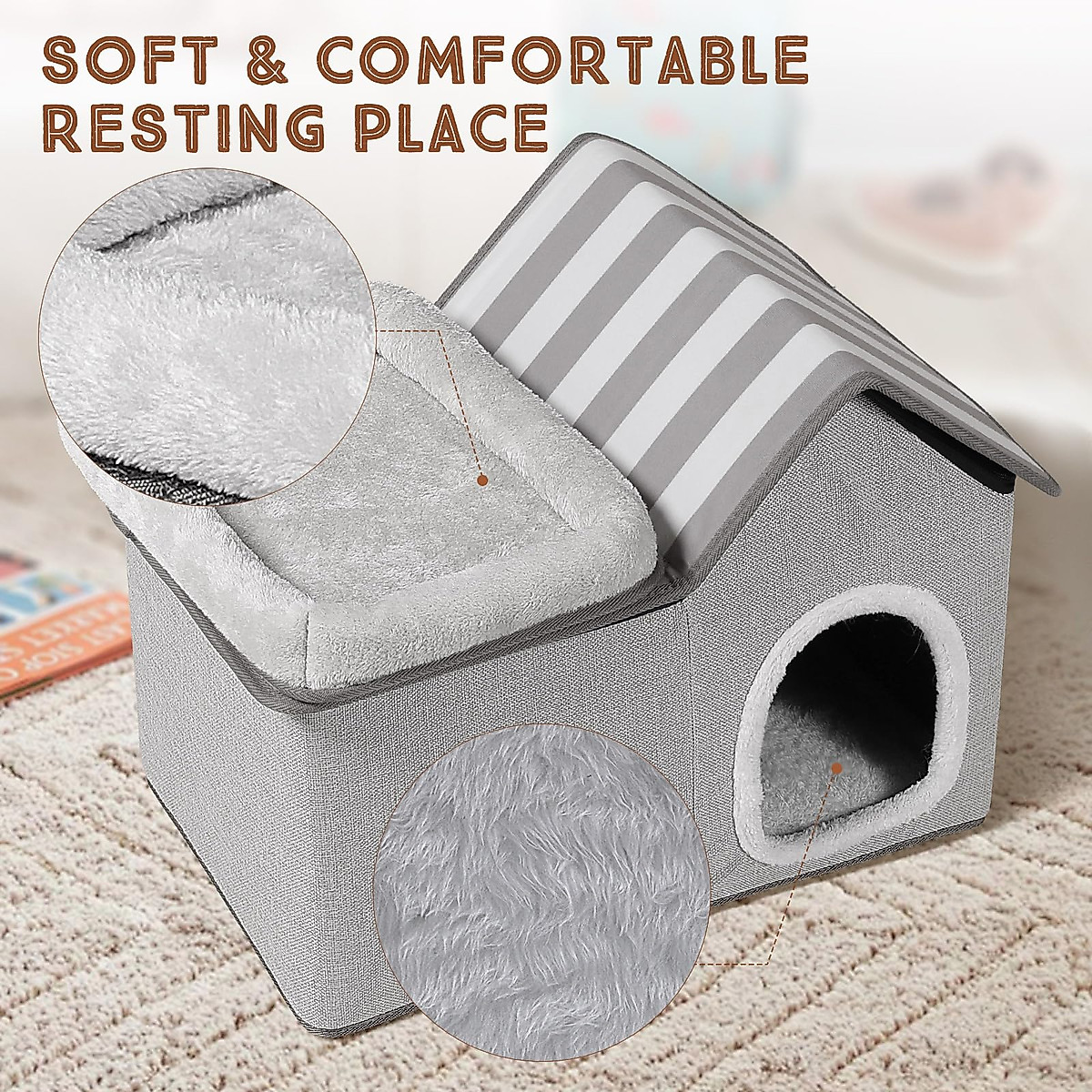 Topmart Cat House with Cat Bed,Large Cat Houses for Indoor Cats Condo,2-in-1 Cat Condo Pet Bed for Kitten and Small Cat, Grey