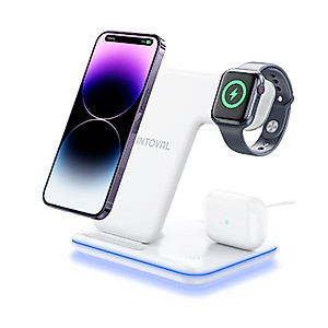 Intoval Charging Station for Apple iPhone/iWatch/Airpods, 3 in 1 Wireless Charger for iPhone 14/13/12/11/XS/XR/XS/X/8, iWatch 8/Ultra/7/6/SE/5/4/3/2, Airpods Pro2/Pro1/3/2/1 (White+Lilac Purple)
