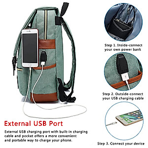 UGRACE Vintage Laptop Backpack with USB Charging Port, Elegant Water Resistant Travelling Backpack Casual Daypacks School Shoulder Bag for Men Women, Fits up to 15.6Inch Laptop in Green