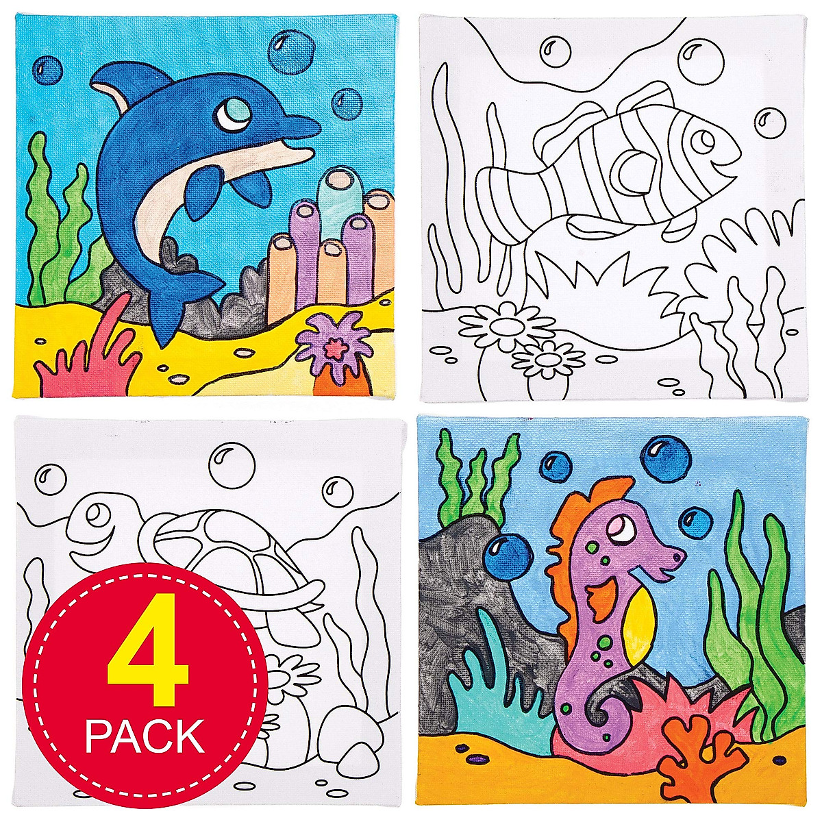 Baker Ross AT940 Sealife Color in Pictures for Kids - Pack of 4, Kids Canvases for Painting, Coloring and Craft Project Displays