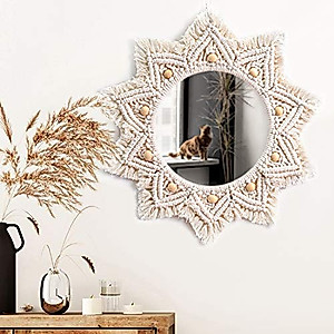 TENEWEE Boho Wall Decor Mirror Macrame Circle Hanging Mirror for Bedroom Living Room Apartment Entryway Home Decor