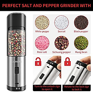 Kochnors USB Rechargeable Pepper Grinder, Gravity Electric Pepper Grinder with 6 Level Adjustable Coarseness, One Handed Operated Salt and Pepper Grinder for Kitchen, Restaurant and BBQ