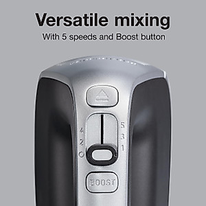 Proctor Silex 5-Speed + Boost Electric Hand Mixer with Powerful 1.3 Amp DC Motor For Effortless Mixing & Consistent Speed in Thick Ingredients, Slow Start, Silver (62501)