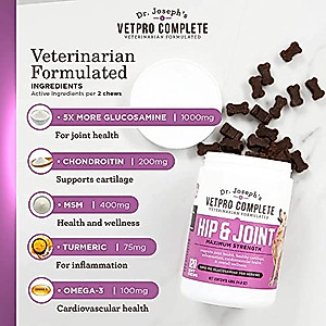 VetPro Dog Hip and Joint Supplement - Pain and Inflammation Relief Chews with Glucosamine, Chondroitin, MSM, Turmeric, Vitamin C, Omega 3 - Treats Hip Dysplasia, Arthritis - Dogs Chewable Supplements