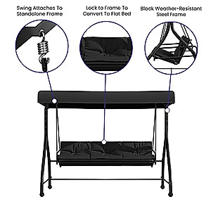 BizChair 3-Seat Outdoor Steel Converting Patio Swing Canopy Hammock with Cushions / Outdoor Swing Bed (Black)