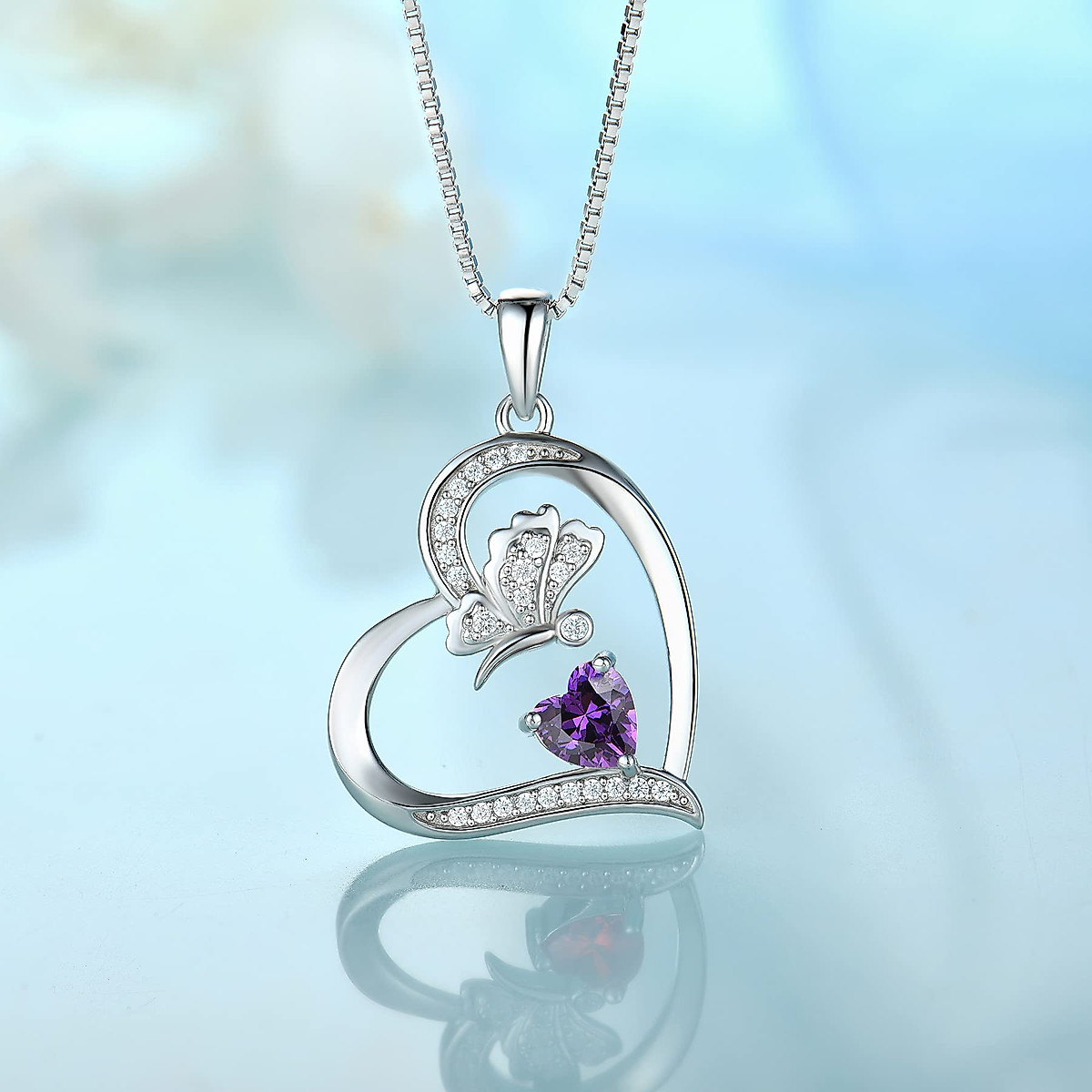 FJ Heart Butterfly Necklace for Women 925 Sterling Silver Amethyst Necklace February Birthstone Pendant Jewelry Gifts for Wife Girlfriend Mom Daughter