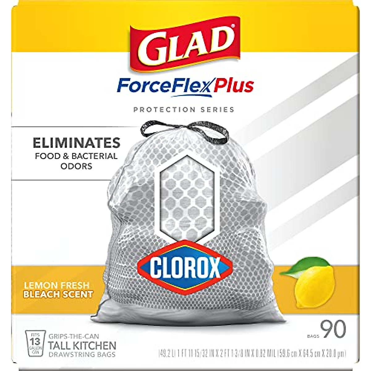 GLAD ForceFlexPlus Tall Kitchen Trash Bags, 13 Gallon Trash Bags for Tall Kitchen Trash Can, Lemon Fresh Bleach Scent to Eliminate Odors, 90 Count (Package May Vary)