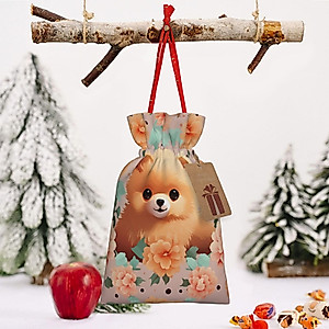 BTCOWZRV Pomeranians Cartoon Flowers Christmas Gift Bag with Drawstring Christmas Wrapping Bags Xmas Gift Bags Sack Bags Xmas Package Storage Bag Wrapping Sacks Pouches Xmas Party Holiday Gift Bags