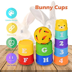 Stacking Cups for Rabbits and Treat Ball, 11 Pack Boredom Breaker Bunny Toys, Rainbow Colors Cups and Adjustable Opening Ball with Cleaning Brush Kit UIInosoo for Rabbits and Other Small Animals Pets
