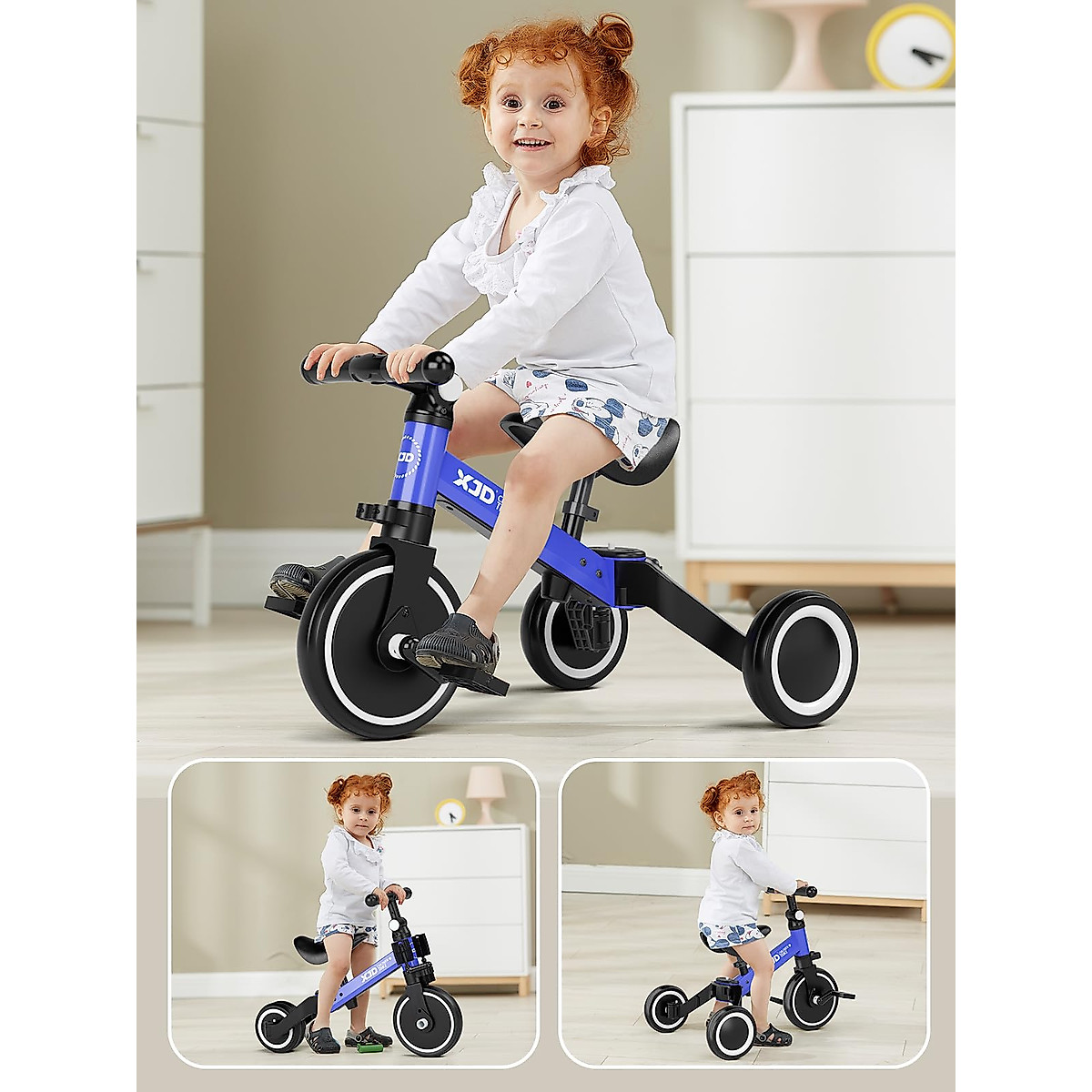 ﻿XJD 5 in 1 Toddler Bike, Tricycle for Toddlers 1-3 with Adjustable Seat Height, Removable Pedals, Ideal Balance Bike Birthday Gifts and Toys for Boys and Girls (Blue)