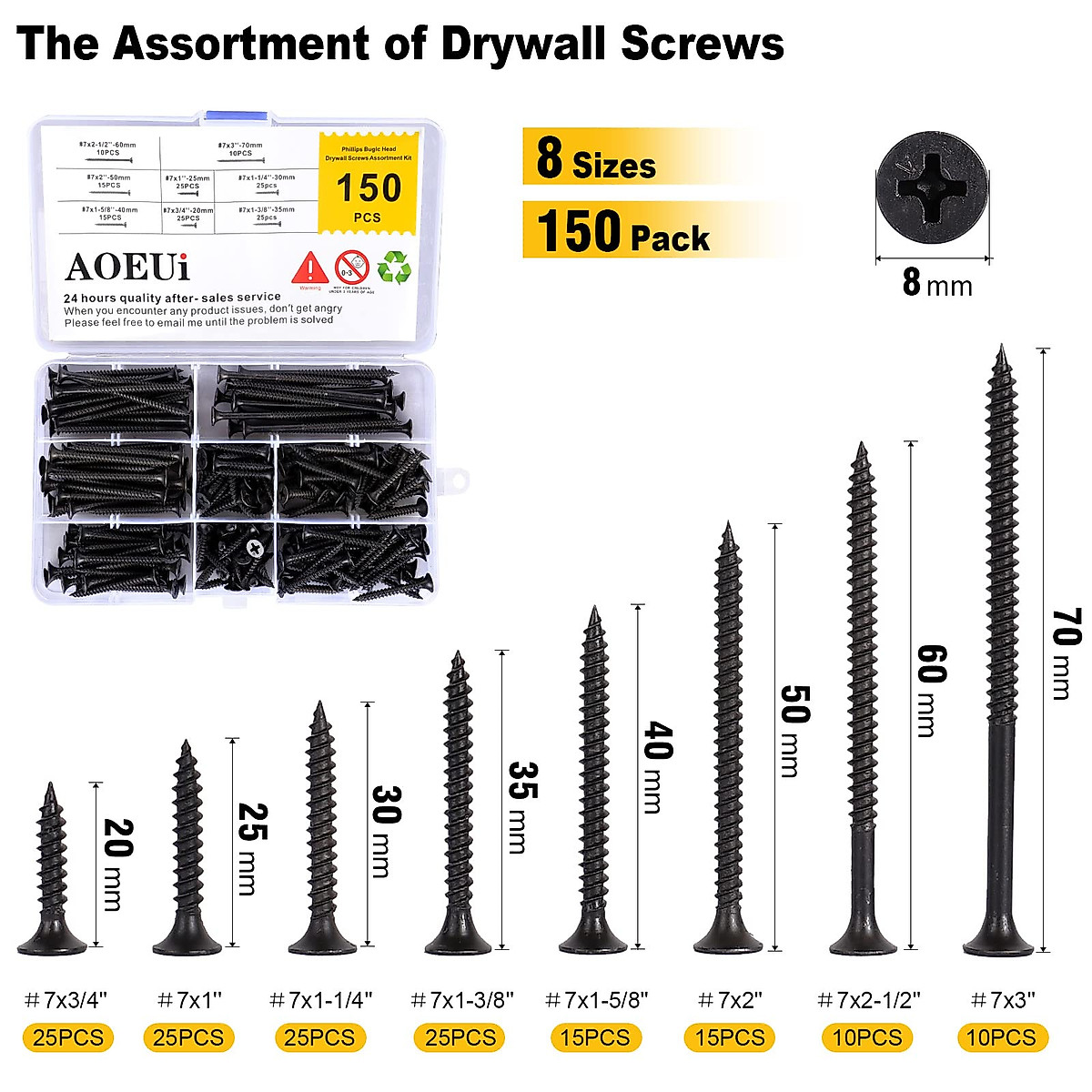Premium Drywall Screws, 150pcs, 8 Sizes Wood Screws Assortment Kit, Phillips Tips Quality Black Wood Screws Set, Assorted Flat Head Screws for Sheetrock, Wood, Drywall, Furniture