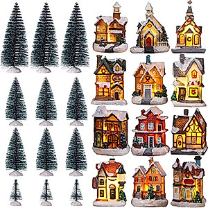 Kajaia 12 Pieces Christmas Winter Houses Village with 12 Pieces Trees Lamp LED Lights Christmas Winter Village Town Buildings Accessories for Thanksgiving Halloween Village Figurine Desktop Decor