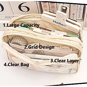 Clear Cute Pencil Case Kawaii Pencil Case Multi-Layer Aesthetic Pencil Pouch Marker Case Holder Storage Bag (Beige)