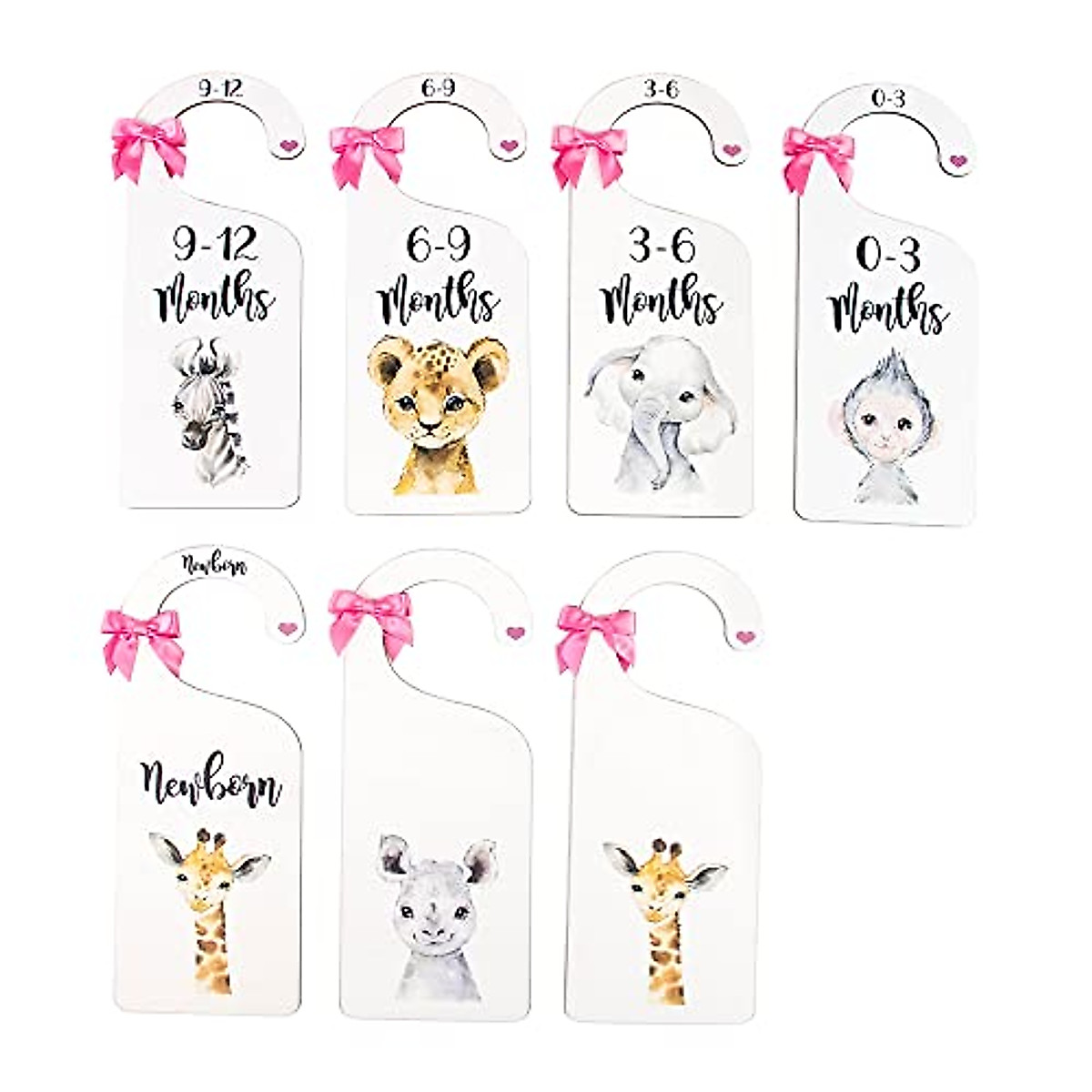 Double Sided Wood Closet Size Dividers for Baby girl Clothes Safari Animal Baby Clothing Size Age Dividers from Newborn Infant Nursery Closet Organizer with Ribbon, (0001)