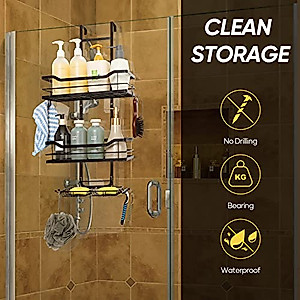Over the Door Shower Caddy, Hanging Shower Organizer for Bathroom, Shower Storage Rack Shelf with Hooks & Screw Adhesives & Soap Holder, 3 Tier Bathroom Shower Basket, Rustproof No Drilling - Black