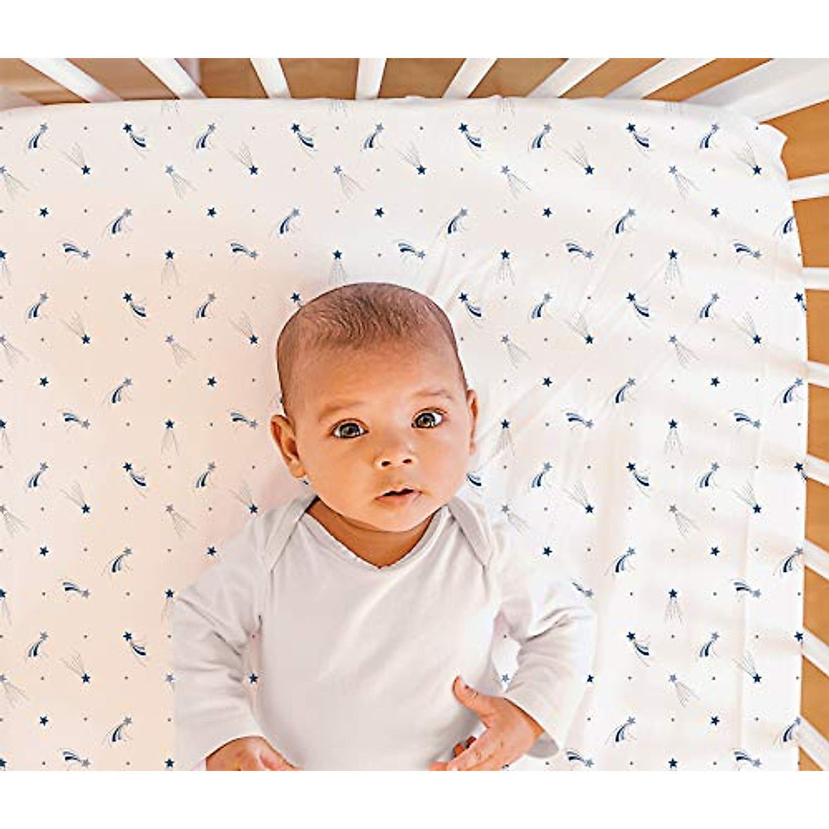 The Peanutshell Fitted Crib Sheet Set for Baby Boys or Girls | Unisex 2 Pack in Rocketships & Shooting Stars | Fits Standard Crib Mattresses
