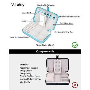 V-LAFUY Jewelry Travel Box Small Jewelry Travel Case with Mirror, Portable Jewelry Box Travel for Women Girl, Jewelry Case for Traveling, Blue N