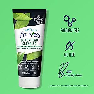 St. Ives Blackhead Clearing Face Scrub, Clears Blackheads & Unclogs Pores, Green Tea & Bamboo, Salicylic Acid Acne Treatment Facial Scrub, Moderate Exfoliator with Natural Exfoliants 6 oz, 6 Pack