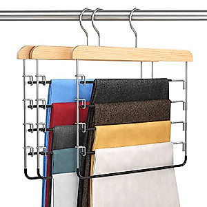 Pants Rack Hanger Space Saving - 3 Pack, HODOLA Wooden Pants Clothes Hanger, Jeans Hangers Space Saving with Multi-Layer Swing Arm, Multiple Hanger Closet Organizer Suit for Scarves, Slacks, Trouser