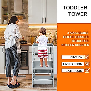DEARYOU Toddler Stool Tower,Toddler Kitchen Stool, Kitchen Standing Helper Stool for Toddlers, Toddler Stool for Kitchen Counter, Learning Kitchen Tower for Toddlers, Helper Standing Tower, Grey