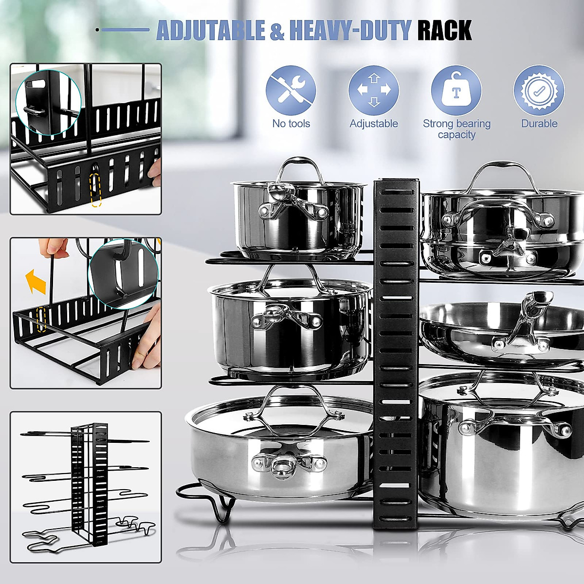 Almcmy Pan Organizer Rack,Pot Rack with 3 DIY Methods,Adjustable Pots and Pans Organizer with 8 Tiers,Heavy Duty Pot Organizer for Kitchen Organization Storage,Send a Cleaning Cloth