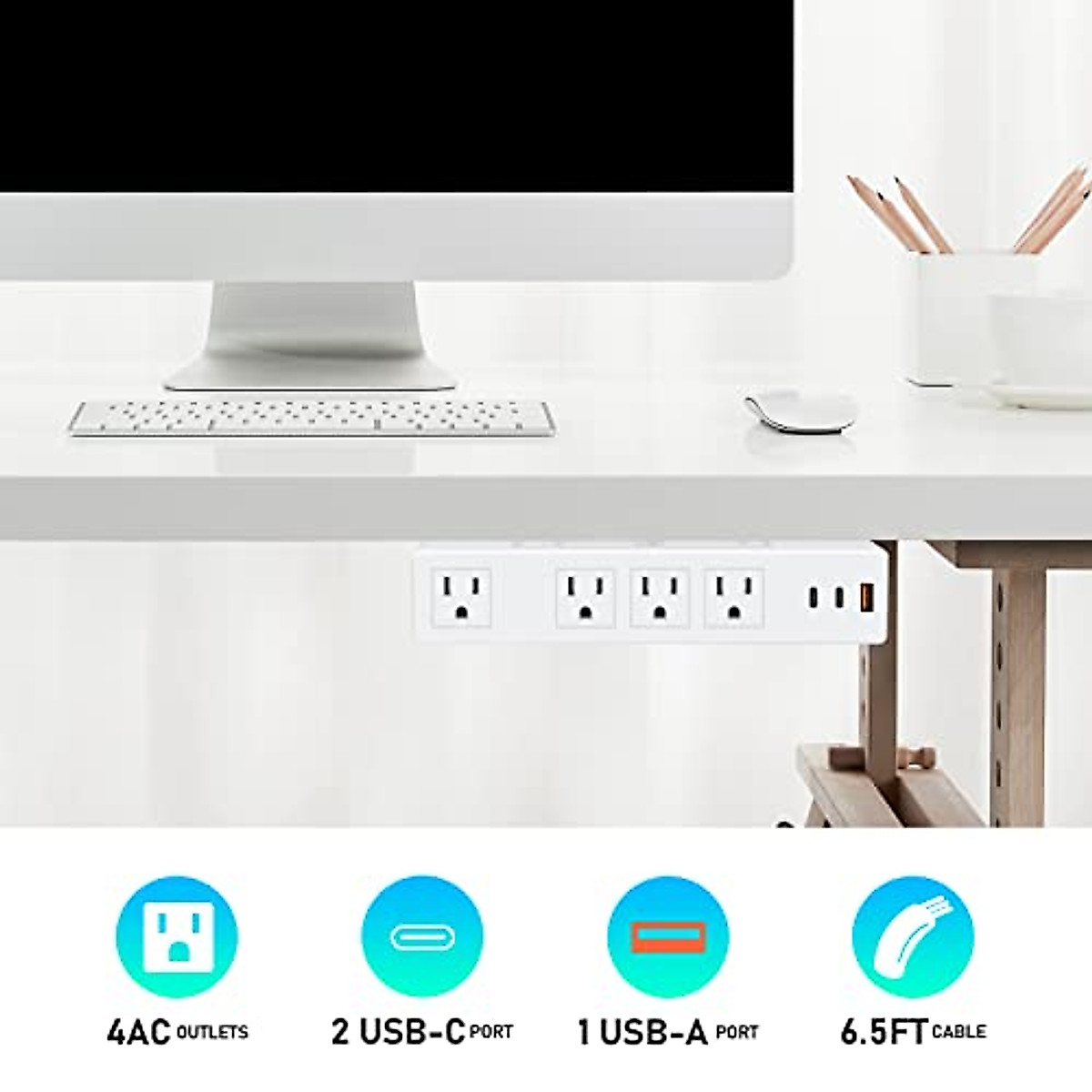 Type-C Under Desk Power Strip, Adhesive Wall Mount Power Strip with USB C Ports, Power Strip Socket Outlet, 4 AC Plug.20W 1 USB-A,2 PD Fast Charging 18W USB-C for Kitchen, Office, Home, Hotel