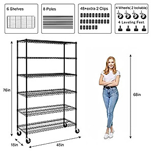 YYkokocat 6000Lbs Capacity Heavy Duty Storage Shelves Commercial Wire Shelving Unit and Storage Adjustable NSF 6 Tier Metal Rack Shelf on Wheels for Garage Basement, 76 H x 48 L x 18 D - Black
