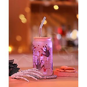 Nefelibata Halloween Horror Beer Can Glass 16 OZ Iced Coffee Cup with Lid Straw and Brush, Reusable Drinking Jar for Coffee Tea Juice Soda Halloween Party Decor Fall Christmas Gift Ideas Set of 1