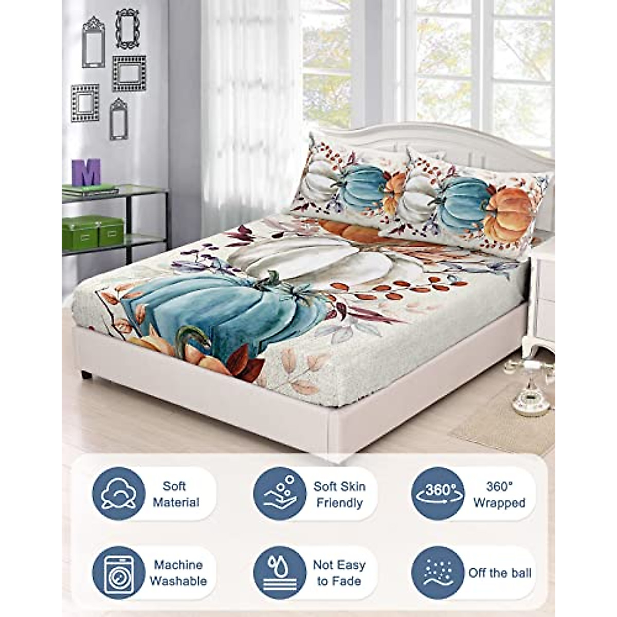 Fall Pumpkin Leaves on Burlap Fitted Bed Sheets Full Size Fit 5-16inch Deep Pockets,Luxury Bottom Sheet Bedding Set with Pillow Case,Thanksgiving Watercolor Plant Fitted Sheet for Mattress